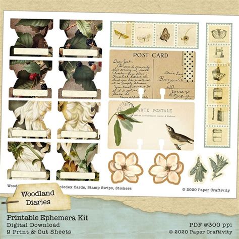 Woodland Diaries Printable Ephemera Kit Junk Journal Digital Ephemera