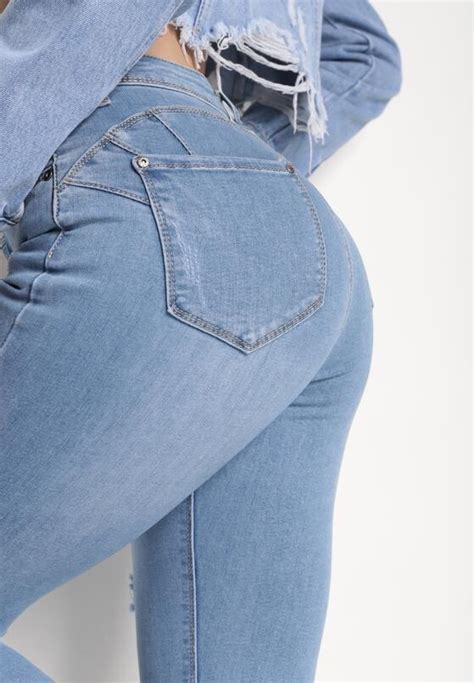 Jasnoniebieskie Jeansy Skinny Z Efektem Push Up I Przetarciami Pyrallis Born Be