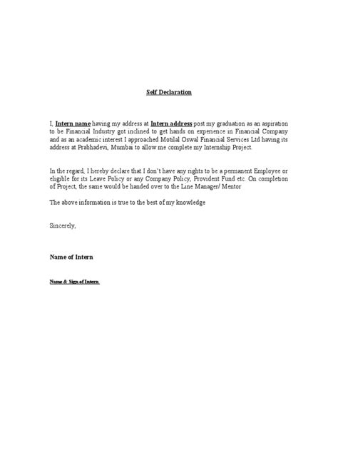 Self Declaration Sample Intern Pdf