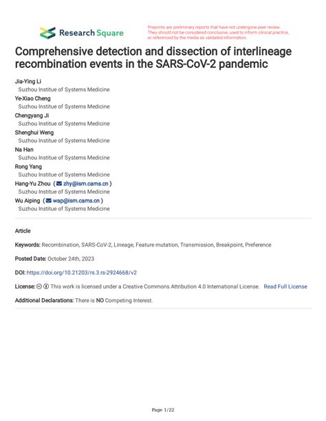 Pdf Comprehensive Detection And Dissection Of Interlineage Recombination Events In The Sars
