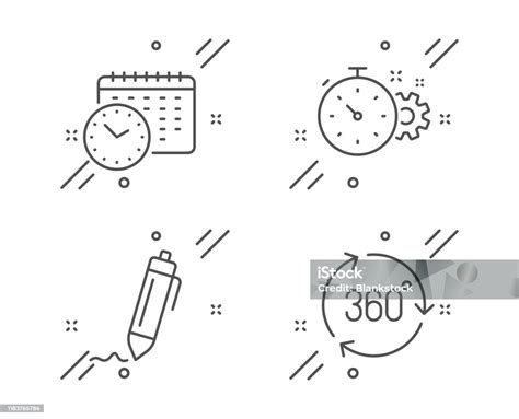 달력 시간 서명 및 톱니 바퀴 타이머 아이콘 설정 360도 기호 시계 필기 펜 엔지니어링 도구 벡터 가득 찬에 대한 스톡 벡터 아트 및 기타 이미지 Istock