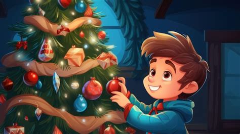 Un niño decora un árbol de navidad con adornos Foto Premium