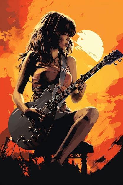 Silhueta De Uma Garota De 18 Anos A Cantora De Rock Toca Uma Guitarra