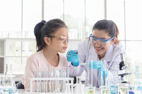 여자 교사와 여자 학생의 이미지 실험실 과학 수업 젊은 여자는 과학자와 함께 실험실 클래스에 흥분 과학 실험에 대한 스톡 사진