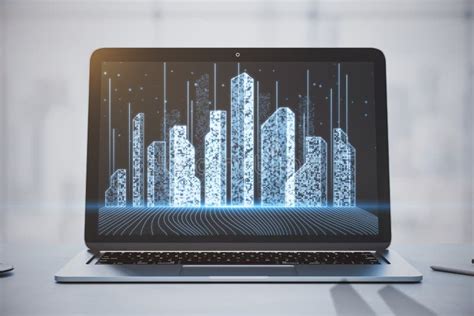 Close Up Of Laptop Screen With Abstract Creative Pixel City Hologram Smart City Innovated