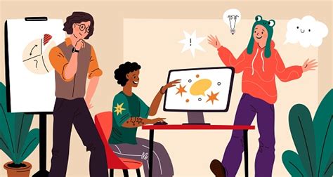 밝은 크리에이티브 팀 젊은 쾌활한 사람들이 사무실에서 일합니다 세련된 남자와 여자는 모니터를 봅니다 프리랜서 팀워크 디자이너 그룹 직업 협력 화려한 벡터 개념 3 명에 대한