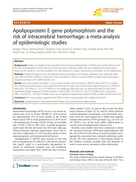 Pdf Apolipoprotein E Gene Polymorphism And The Risk Of Intracerebral