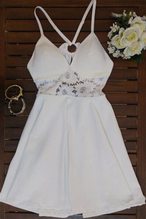 White Simple A Line V Neck Spaghetti Strap X Back Homecoming Dress