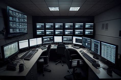 Surveillance Room With Banks Of Monitors Each One Displaying Different
