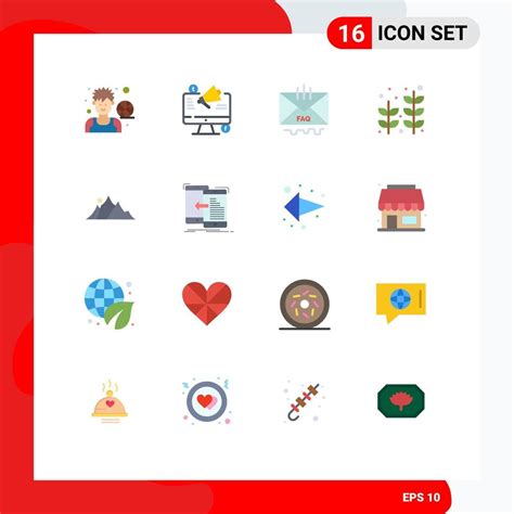 User Interface Pack Of 16 Basic Flat Colors Of Plant Beach Megaphone Mail Email Editable Pack Of