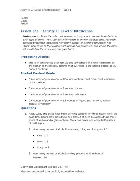 Level Of Intoxication Activity C Level Of Intoxication—page 1 Name