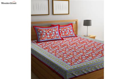 Buy Red Floral Print Double Bed Sheet With Pillow Covers Online In