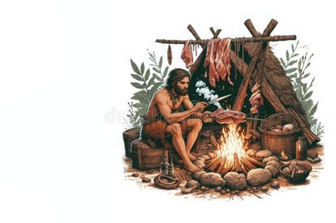 Primitive Man Cooks Meat Over A Fire Space For Text Stock
