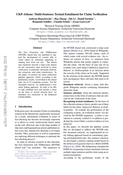 Pdf Ukp Athene Multi Sentence Textual Entailment For Claim Verification