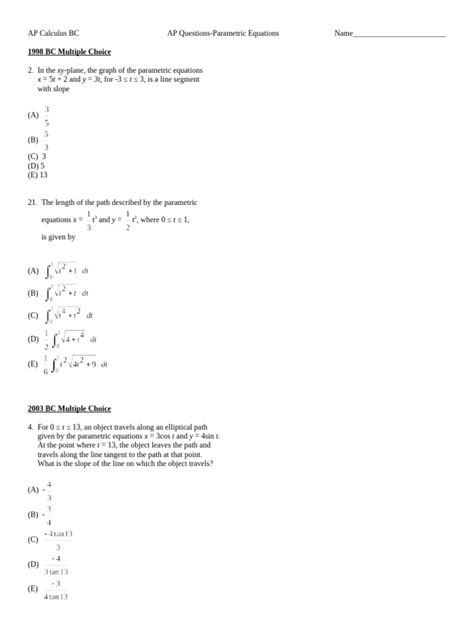 Ap Questions Parametrics Calculus Pdf