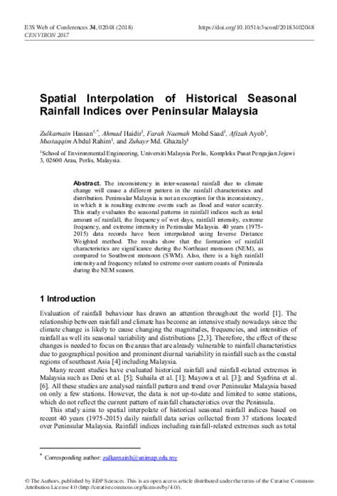 Pdf Spatial Interpolation Of Historical Seasonal Rainfall Indices Over Peninsular Malaysia
