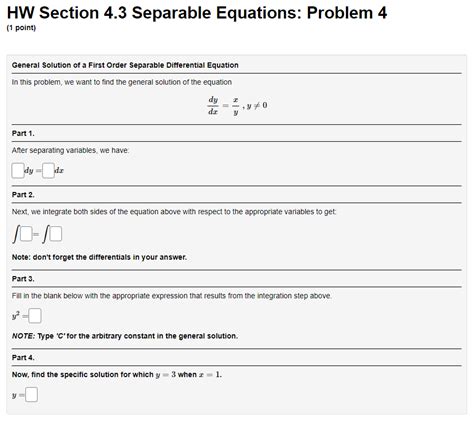 Solved Hw Section 4 3 Separable Equations Problem 4 1