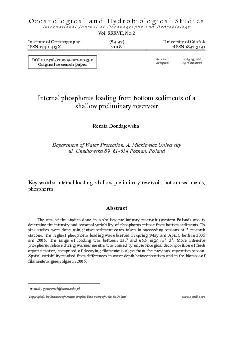 Pdf Phosphorus Release From Reservoir Sediments