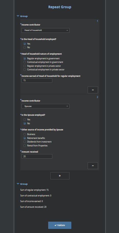 income calculation inside a repeat group form building kobotoolbox