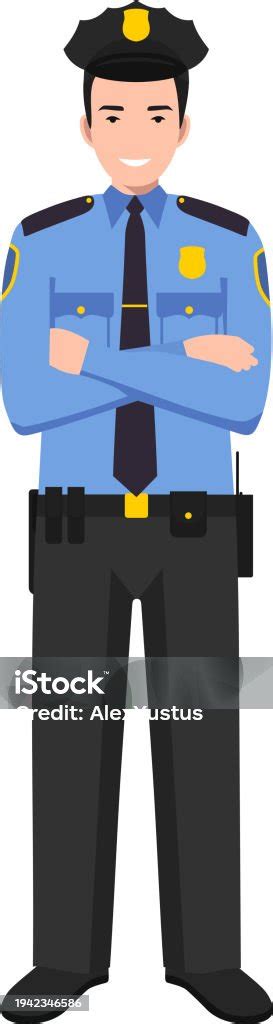 전통적인 제복을 입은 서 있는 미국 경찰관 캐릭터 아이콘 플랫 스타일 벡터 일러스트 레이 션 Criminal Investigation에 대한 스톡 벡터 아트 및 기타 이미지