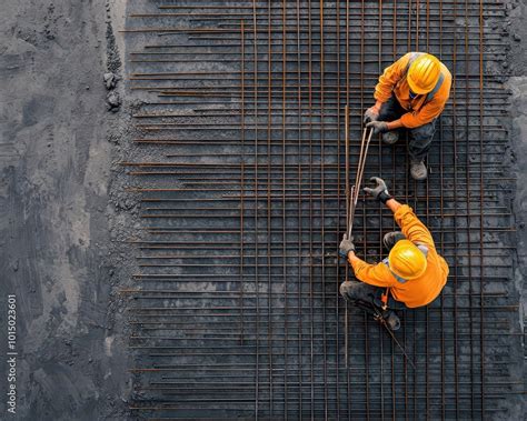 Construction Team Laying Rebar Framework For Concrete Slab Foundation Rebar Installation