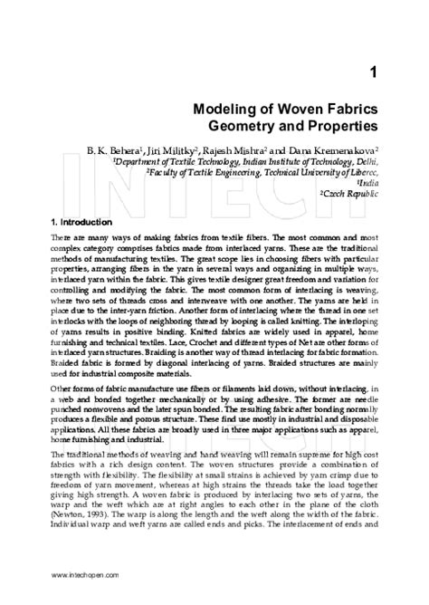 Pdf Modeling Of Woven Fabrics Geometry And Properties