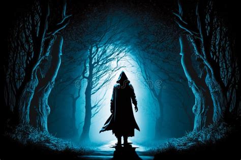 Man Standing In The Middle Of Forest In Front Of Blue Light Generative