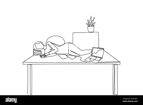 Single Continuous Line Drawing Woman Fell Asleep On The Table With A
