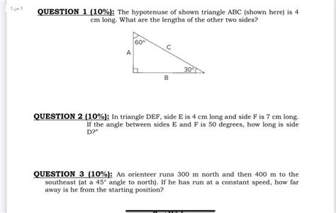 Solved Question 1 10 The Hypotenuse Of Shown Triangle