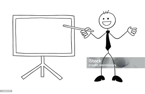 스틱맨 사업가 캐릭터 행복 하 고 화이트 보드 앞 과 가리키는 막대기 벡터 만화 일러스트 유머에 대한 스톡 벡터 아트 및 기타
