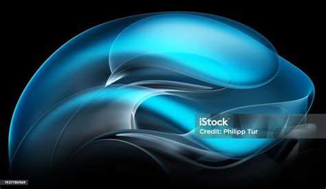 추상 미술의 3d 렌더링 곡선 물결 모양의 원형 및 구형 선으로 초현실적 인 외계인 꽃의 일부가 검은 배경에 빛나는 하늘색과 흰색 코어 코어가있는 투명 플라스틱 소재로