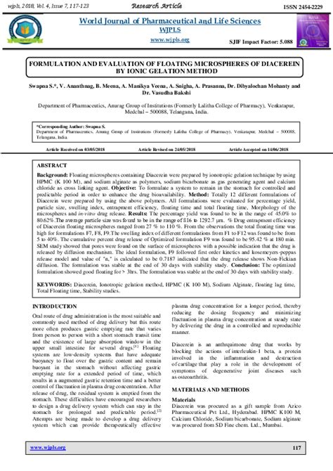 Pdf Formulation And Evaluation Of Floating Microspheres Of Diacerein