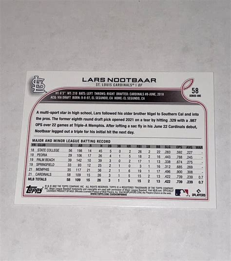 Lars Nootbaar 2022 Topps Rookie 58 Rc St Louis Cardinals Baseball