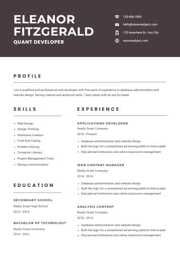 Quant Developer Resume Examples And Download Free Template Resume Object