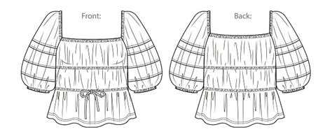 벡터 긴 소매 상단 수집 세부 사항 패션 Cad 프릴 세부 사항 기술 도면 템플릿 모형 스케치와 함께 여자를 자른 사각형 목