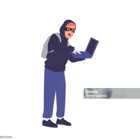 도둑 해커 만화 캐릭터 얼굴 마스크와 후드티를 입고 컴퓨터 노트북 사용자 데이터를 훔치는 컴퓨터 해커에 대한 스톡 벡터 아트 및