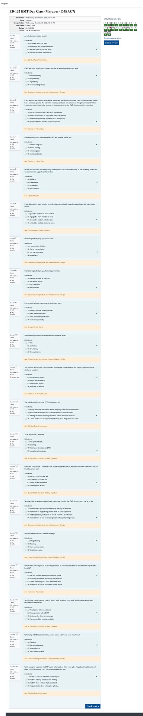 chapter 9 pre lecture quiz attempt review ed 132 emt day class