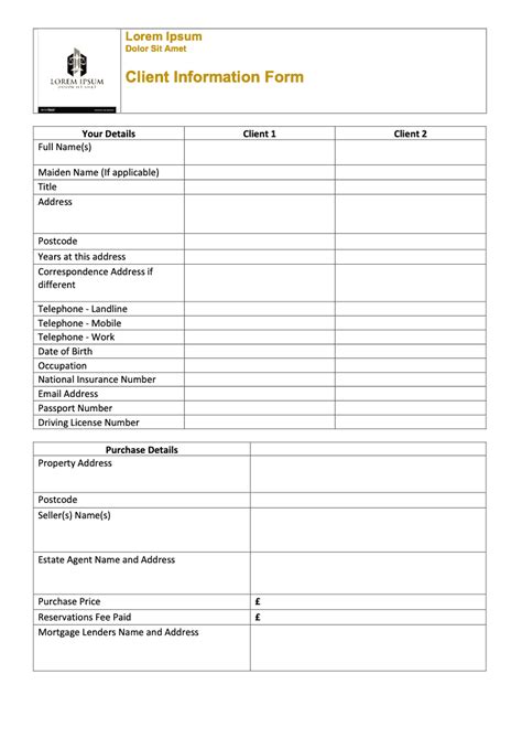 Client Information Form Custom Client Information Form