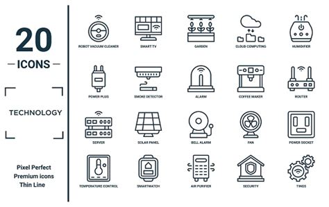 기술 선형 아이콘 세트입니다 얇은 라인 로봇 진공 청소기 전원 플러그 서버 온도 제어 팅 알람 보고서 프리젠 테이션 다이어그램 웹 디자인 용 전원 소켓 아이콘 포함 0명에