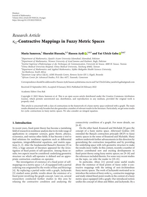 Pdf κ G Contractive Mappings In Fuzzy Metric Spaces