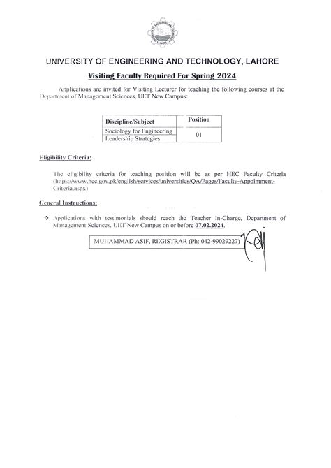 Visiting Faculty Required Department Of Management Science In Uet