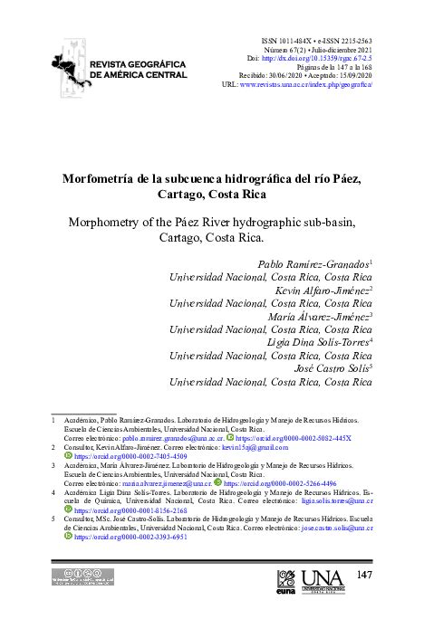 Pdf Morfometría De La Subcuenca Hidrográfica Del Río Páez Cartago