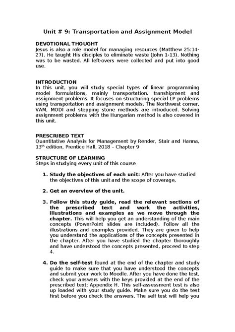 Unit 9 Transportation And Assignment Models Study Notes And Assignments