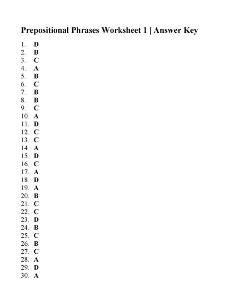 Prepositional Phrases Worksheet 1 Answers