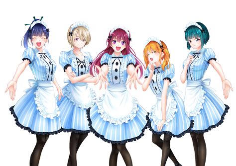 Safebooru 5girls D Apron Aqua Hair Black Bow Black Legwear Black