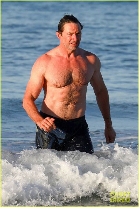 Hugh Jackman Showers Off His Shirtless Body After His Beach Workout