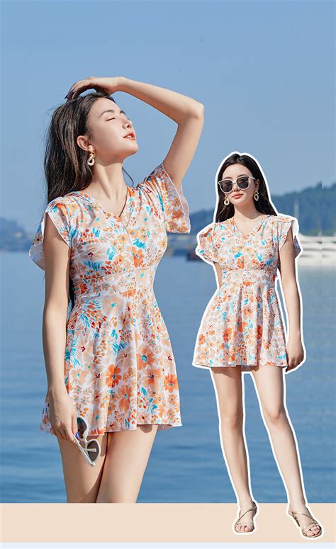 甜美碎花连体泳衣海边沙滩度假女士泳装遮肉显瘦泳群短袖保守型 阿里巴巴