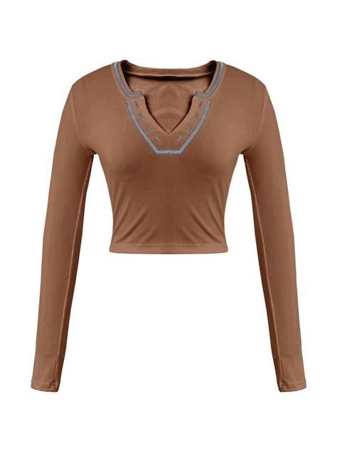 Emmiol Free Shipping 2023 Long Sleeve Ribbed Knit Crop Top Brown S In