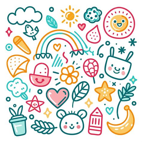 Hand Drawn Cute Illustrations Set With Rainbow Heart Sun Star Moon
