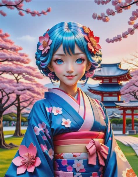 Premium Photo Botan Blue Hair Pink Colored Eyes Pink Japanese Kimono